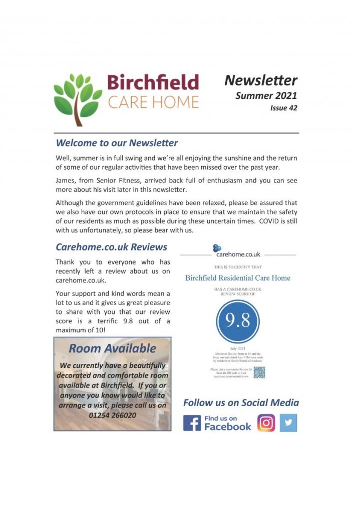 Our Summer 2021 Newsletter | Birchfield Care Home