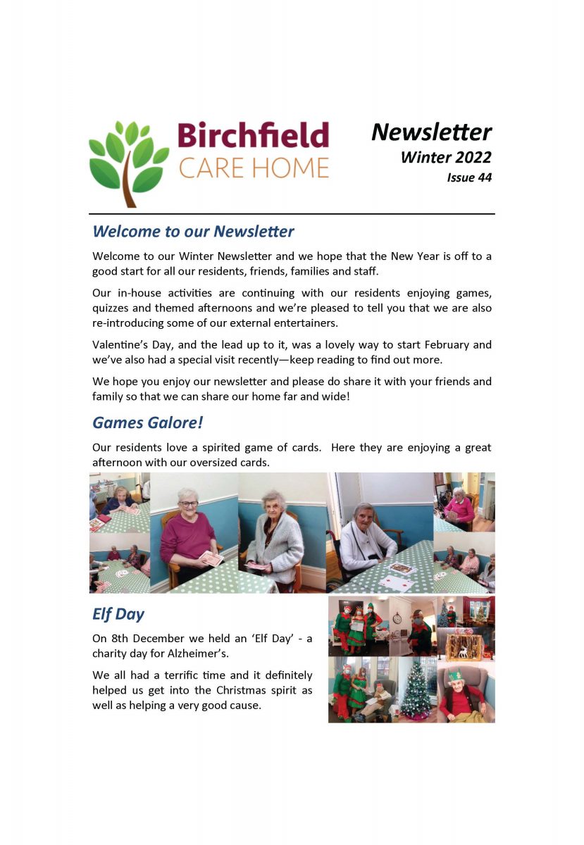 Our Winter 2022 Newsletter | Birchfield Care Home